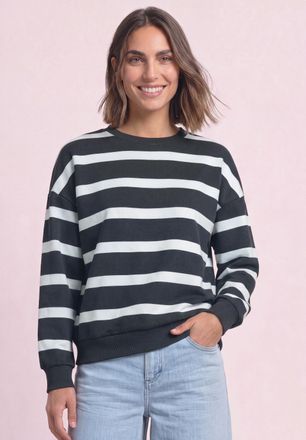 Street One Sweatshirt STREET ONE, Damen, Gr. 34, schwarz-wei&szlig; (schwarzest blau), Sweatware, 83% Baumwolle, 17% Polyester, gestreift, normal, Rundhals, Rippb&uuml;ndch