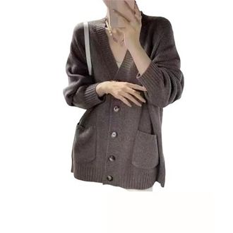 Generic Pull d&eacute;contract&eacute; dhiver &agrave; manches longues en tricot avec poche pour femme avec col en V, marron, Taille XL