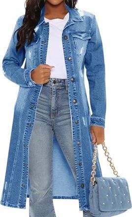 ORANDESIGNE Manteau Long en Denim pour Femme Hiver Jean Blousons à Manches Longues Bouton Manteau avec Poche Trench-coat Vintage Veste en Jean Overcoat Parka Outw