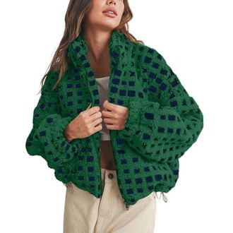 Generic Veste polaire à carreaux avec col montant et doublure Sherpa chaude pour femme, Vert noir, L