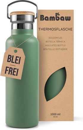 Bambaw Thermosflasche 1l, Edelstahl Trinkflasche Sp&uuml;lmaschinenfest, Trinkflasche Auslaufsicher 1l, Thermosflasche 1l - Salbeigr&uuml;n