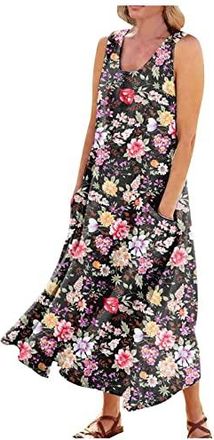 Generic Robe Femme Ete,Robe De Plage Femme Robe Longue Vintage à Imprimé Floral Robe De Bal Pour Femmes Robe De Soiree Femme Longue Robe Sans Manches Avec Poc