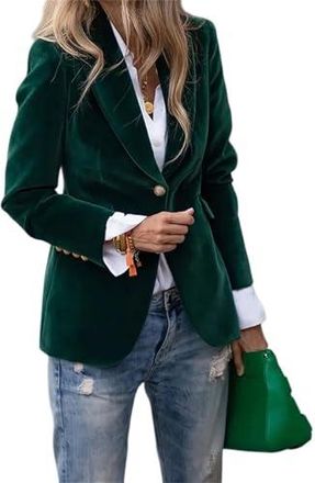 Generic Blazer en velours pour femme - Veste vintage à manches longues - Col à revers ouvert sur le devant - Pour le travail, le bureau et les affaires, Vert,