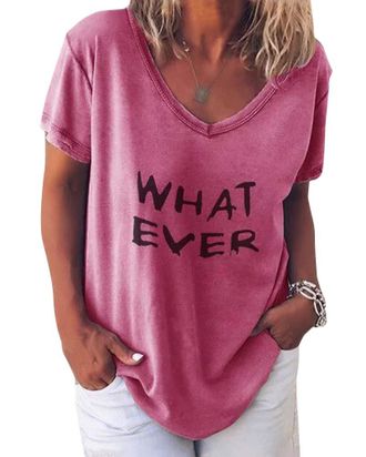 Minetom Damen Sommer Kurzarm Blusen T-Shirt V-Ausschnitte Loose Oversize Shirt Einfarbig Casual Brief Bedruckt Asymmetrisch Oberteile Top C Rosa DE 42