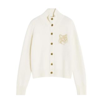 Maison Kitsun&eacute; Hochgeschlossener Merinowoll-Cardigan mit Fuchs-Intarsien - - Knitwear - Damen - Wei&szlig; - M