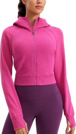 CRZ YOGA Damen Full Reißverschluss Fleece Hoodie Jacke Cropped Running Zip Up Laufjacke Workout Sport Sweatjacke mit Daumenloch Hibiskus-Purpur 40