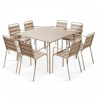 Oviala Ensemble table de jardin carr&eacute;e et 8 fauteuils en m&eacute;tal taupe - Palavas