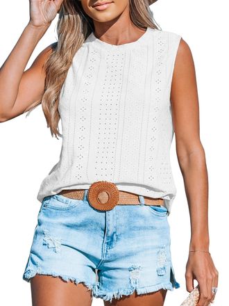 Cupshe Damen Tank Top Sommer T Shirt Ärmellos Rundhalsausschnitt Bluse, Leicht und Atmungsaktiv, Casual Oberteile,Weiß,XL