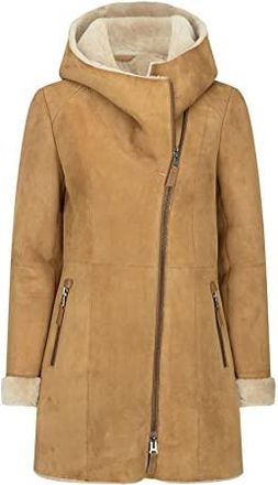 TruClothing Manteau 3/4 Femme en Peau de Mouton véritable Camel et crème Toscana avec Capuche Style Vintage - Camel 4XL