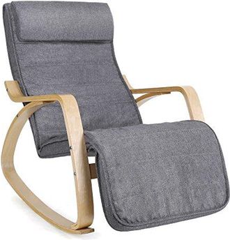 Songmics Fauteuil &agrave; Bascule, avec Accoudoirs en Bois, Chaise dAllaitement, Repose-pieds R&eacute;glable en 5 Positions, Capacit&eacute; 150 kg, pour Chambre, Salon, Gris et 