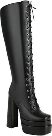 Generic Bottes déquitation à plateforme empilée pour femme - À lacets - Talons ultra épais - Bout carré - Mode gothique punk - Avec fermeture éclair, Noir, 37