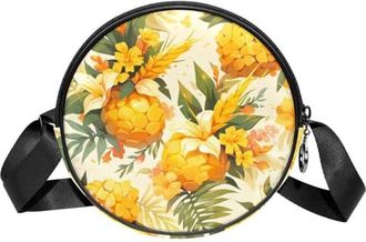 Generic Sac &agrave; bandouli&egrave;re rond pour femme, motif fleurs dananas avec fermeture &eacute;clair, bretelles r&eacute;glables, sac &agrave; main rond d&eacute;contract&eacute; pour femmes et filles