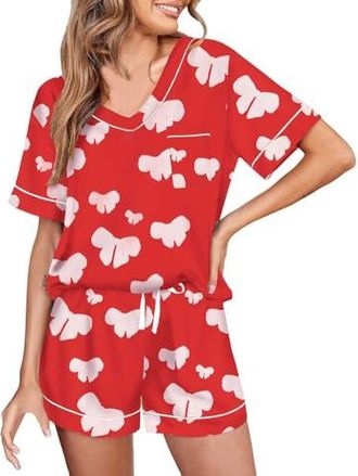 Generic Ensemble de pyjama en soie pour femmes pour la Saint-Valentin 2026 - Ensemble de pyjama pour caraco en satin, lingerie &agrave; col en V et short de voyage (