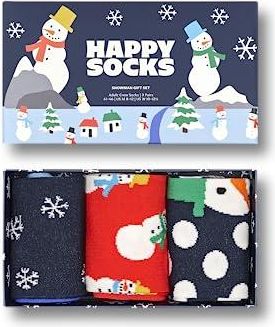 Happy Socks 3-Pack Snowman, chaussettes de Noël pour homme et femme, coffret cadeaux avec des chaussettes drôles imprimés avec un bonhomme de neige 41-46