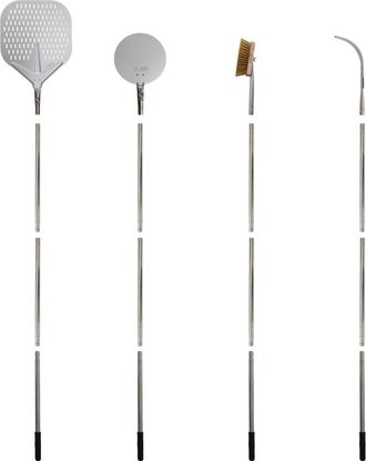 Giemme Pizzaschaufel Set mit abnehmbarem Griff - 4-teiliges Profi-Set aus Aluminium & Edelstahl - inklusive Pizzaheber, Ofenbürste & Ascheschieber - Längenve