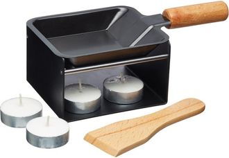 Artesà Artesà Mini-Raclette-Grill Einzelset für 1-2 Personen, Metallgestell, antihaftbeschichtete Pfännchen, Holzspatel und 2 Kerzen, Schwarz / Beige