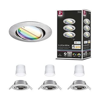 Paulmann 92467 Spot encastr&eacute; LED Base Smart Home Zigbee kit de base orientable rond 230V 3x4,9W 3x420lm gradable 90mm Acier bross&eacute; M&eacute;tal RGBW+