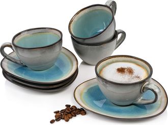 Sänger | Kaffeetassen Set Capri mit Untertassen, 8-teiliges Tassen Set aus Steingut, modernes Vintage Design | 230ml