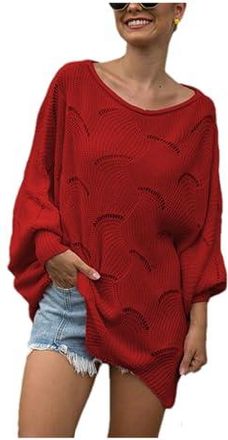 Generic Pull Tricoté À Col Incliné pour Femme Pull Ample Et Fin Ajouré Grande Taille Red Wine XL