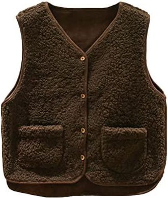 TOMWELL Femme Gilet en Molleton Polaire Veste Élégante Manteaux sans Manche Col Montant Blouson Mode Bouton Matelassée sans Manches Veste avec Poches Automne 