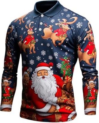 Generic Chemise No&euml;l pour Homme Manches Longues, Chemise Homme No&euml;l Imprim&eacute; Polo Noel Santa Flocons De Neige Col &Agrave; Revers Tops Chemisier Dr&ocirc;le Chemises Amusan