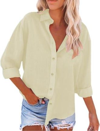 Generic Chemise &agrave; manches longues en lin pour femme - Printemps et &eacute;t&eacute; - Couleur unie - Coupe ample - Vacances - Plage - V&ecirc;tements sur l&eacute;paule, beige, 3XL