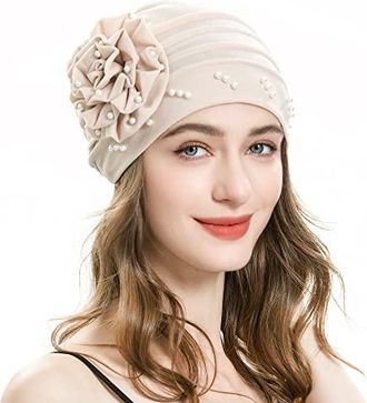 ZLYC Bonnet turban pour femme avec fleur chimio bandeau élastique, Fleur beige, Taille unique