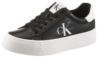 Calvin Klein Plateausneaker CALVIN KLEIN VULC FLATFORM LACEUP LOW LTH, Damen, Gr. 36, schwarz, wei&szlig;, Leder, Lederimitat, unifarben mit Farbeinsatz, Basic, Schuhe P