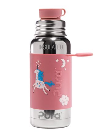 Pura Sport Isolierte Flasche mit H&uuml;lle und Silikon-Deckel mit gro&szlig;er &Ouml;ffnung, 473 ml, Edelstahl, warm und kalt, auslaufsicher und auslaufsicher, f&uuml;r Kinder