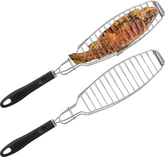 Relaxdays Fischbr&auml;ter 2er Set, Edelstahl, Gummigriff, 58,5 cm lang, Fischhalter zum Grillen, Grillkorb Fisch, Silber