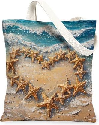 Generic Sac fourre-tout en toile motif &eacute;toiles de mer pour faire du shopping, 33 x 38,1 cm, sac &agrave; bandouli&egrave;re r&eacute;utilisable pour la Saint-Valentin, la plage, l