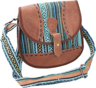 Guru Shop Ethno Schultertasche mit Leder, Gro&szlig;e Nepaltasche - Braun/blau, Unisex - Erwachsene, Synthetisch, 23x24x10 cm