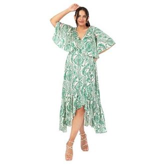 Lovedrobe Womens Ladies Midaxi Dress V-Neck Cape Sleeve Abstract Floral Print Ruffle Hi Low Hem Wrap Belted A-Line Vert 46