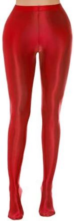 Feoya Collants Opaques Femme Brillant Sans Couture Collant de Danse Taille Haute Confortable Sport Leggings Sexy Wet Look Rouge S