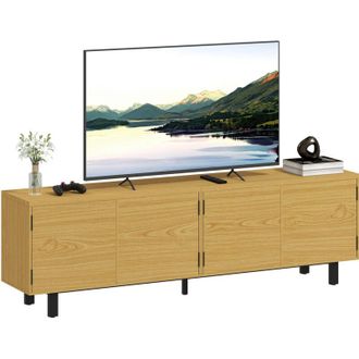 HOMCOM Meuble TV - HOMCOM - 4 portes &agrave; ouverture par pression - panneau de particules et m&eacute;tal - 180x35x55,5cm - bois naturel