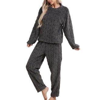 Generic Tenue de détente 2 pièces pelucheuse à manches longues pour femme, ensemble de pyjama décontracté pour femme, pull texturé et pantalon, pyjama moelleu