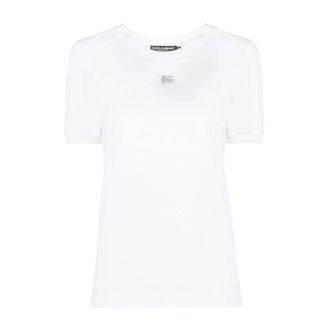 Dolce & Gabbana Baumwoll-T-Shirt mit Kristall DG-Logo - - Tops - Damen - Wei&szlig; - L