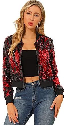 Allegra K Blouson à Paillettes Femmes Veste à Sequin à Manches Longues Bomber Aviateur Zippé Brillante pour Soirée et Disco Rouge 3XL