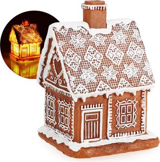 Com-Four Lichthaus in Lebkuchen-Optik 18 cm - Lebkuchenhaus mit Beleuchtung - Weihnachtsdekoration mit zeitgesteuerter Beleuchtung - Weihnachtsdekoration (1x L