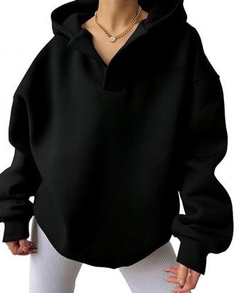 Generic Sweat-shirt &agrave; capuche &agrave; manches longues et col en V pour femme, pull d&eacute;contract&eacute; &agrave; manches longues et &eacute;paules tombantes, Noir, XXL