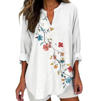 Generic Chemisier Femme Coton Lin Chic D&eacute;contract&eacute; Chemises Ete &Agrave; Manches Longues &Agrave; Col en V Loose Hauts L&eacute;gers Comfy Tuniques Mode Coton Et Lin Grande Taille
