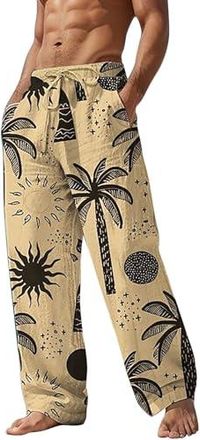 Generic Pantalon d&eacute;t&eacute; pour homme - Motif soleil et cocotier - Pantalon long - Pantalon de plage d&eacute;contract&eacute; - Poche - Vacances - Coupe droite, kaki, 3XL