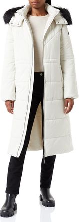 Mexx Womens Midi Length Hooded Padded Jacket with Fake fur Collar Parka, Ecru, L