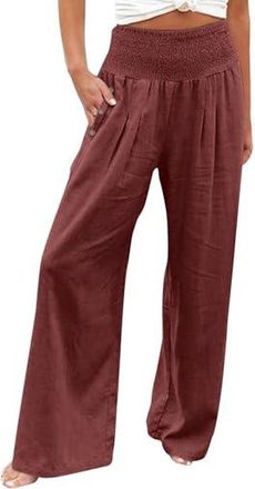Generic Pantalon en lin pour femme - Pantalon d&eacute;t&eacute; d&eacute;contract&eacute; &eacute;lastique taille haute - Pantalon de plage tendance avec poches - Pantalon d&eacute;contract&eacute; pour fem