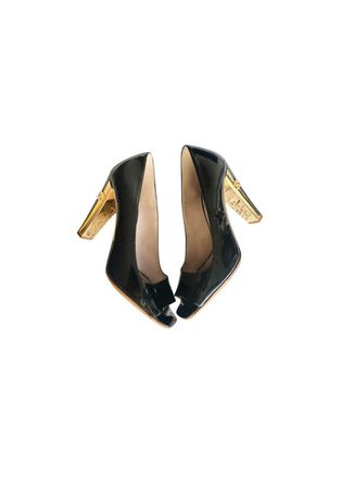 Chanel Black Contrast Heel Open Toe Pumps Size 39.5