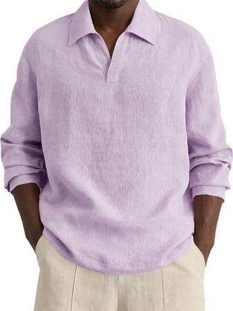 Generic Polo en coton et lin pour homme - Manches longues - Col &agrave; revers - Col en V - Couleur unie - Coupe ample - Costume extensible pour l&eacute;t&eacute;, violet, 4XL
