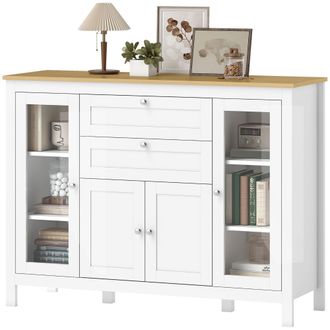 HOMCOM Homcom Credenza Cucina Con Cassetti, Armadietti E Ante In Vetro Bianco E Rovere