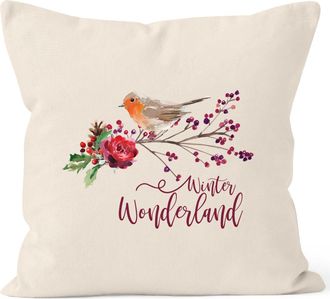 Autiga Kissenbezug Weihnachten Winterwonderland Vogel Rotkehlchen Blumen Misteln Christmas Bird Natur 40cm x 40cm
