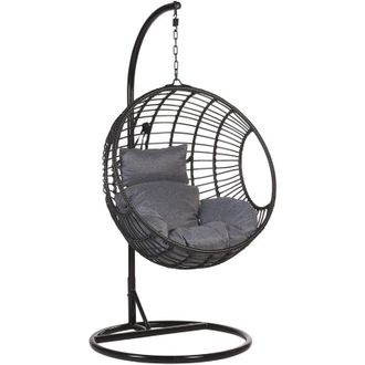 Beliani Beliani - Fauteuil Balancelle Suspendu en Forme dOeuf en Rotin Noir avec Support en Acier Id&eacute;al pour Salon Terrasse ou Balcon