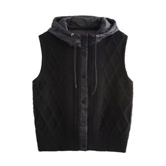 Generic Gilet matelass&eacute; &agrave; capuche en tricot pour femme, veste l&eacute;g&egrave;re rembourr&eacute;e sans manches, style r&eacute;tro d&eacute;contract&eacute;, Noir, Taille unique